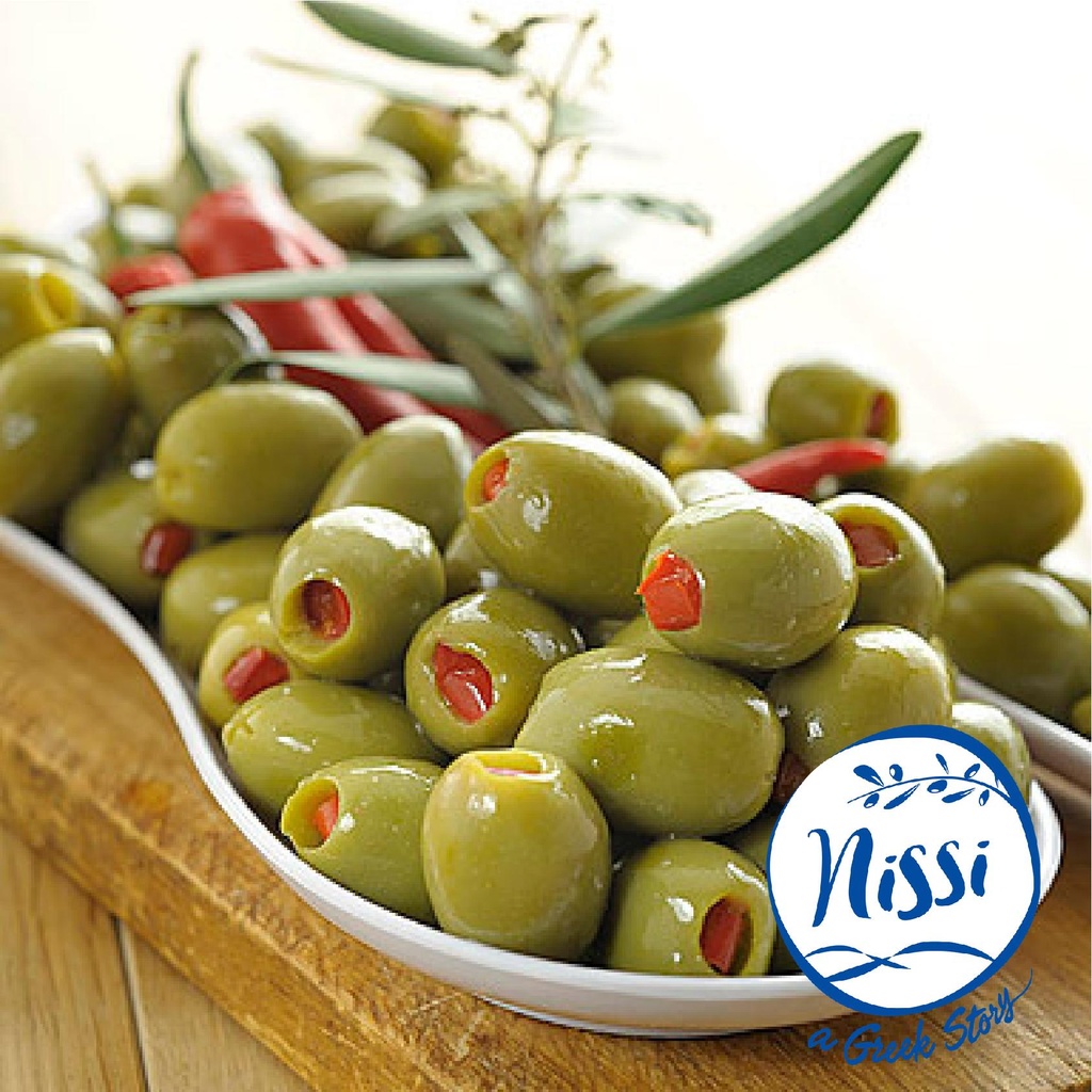 Organic Greek Nissi Halkidiki Olives Stuffed with Red Natural Pepper ...